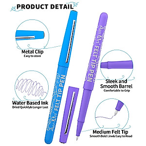 Felt Tip Pens, 35 Colored Fine Point Felt Pen with Fiber Tip, Water-Based Ink, Perfect Markers Pen for Bullet Journaling Adult Coloring, Note Taking at School Office