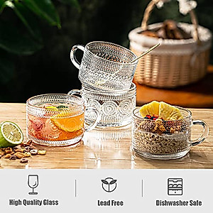 wookgreat Vintage Coffee Mugs Set of 6, 14 oz Glass Coffee Tea Cups with Handle, Clear Embossed Glassware with 6 Spoons, Glass Mugs, Glass Coffee Cups for Cappuccino, Latte, Cereal, Yogurt, Milk