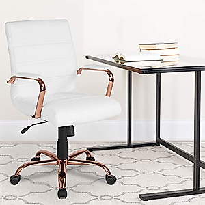Flash Furniture Whitney Mid-Back Desk Chair - White LeatherSoft Executive Swivel Office Chair with Rose Gold Frame - Swivel Arm Chair