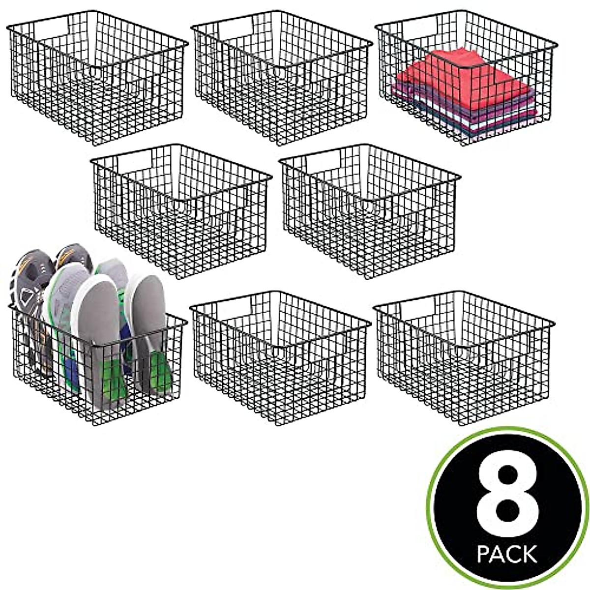 mDesign Metal Wire Closet Storage Basket Organizer with Handles for Organizing Bedroom, Bathroom, Mudroom, Entryway, Hallway, or Linen Closets - Concerto Collection - 8 Pack - Black