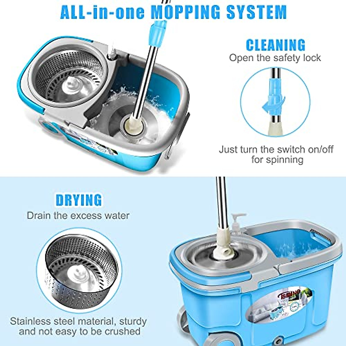 Tsmine Commercial Microfiber Spin Mop and Bucket with Wringer Set for Hardwood Floor,Kitchen Household Cleaning Tools Supplies with 6 Replacement Refills,61" Extended Handle