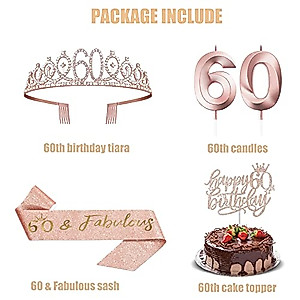 THSZHJT 60th Birthday Decorations Women Rose Gold, 60th Birthday Tiara Sash Candle Gifts for 60 Years Old Party Decoration and Supplies with Gift Box…