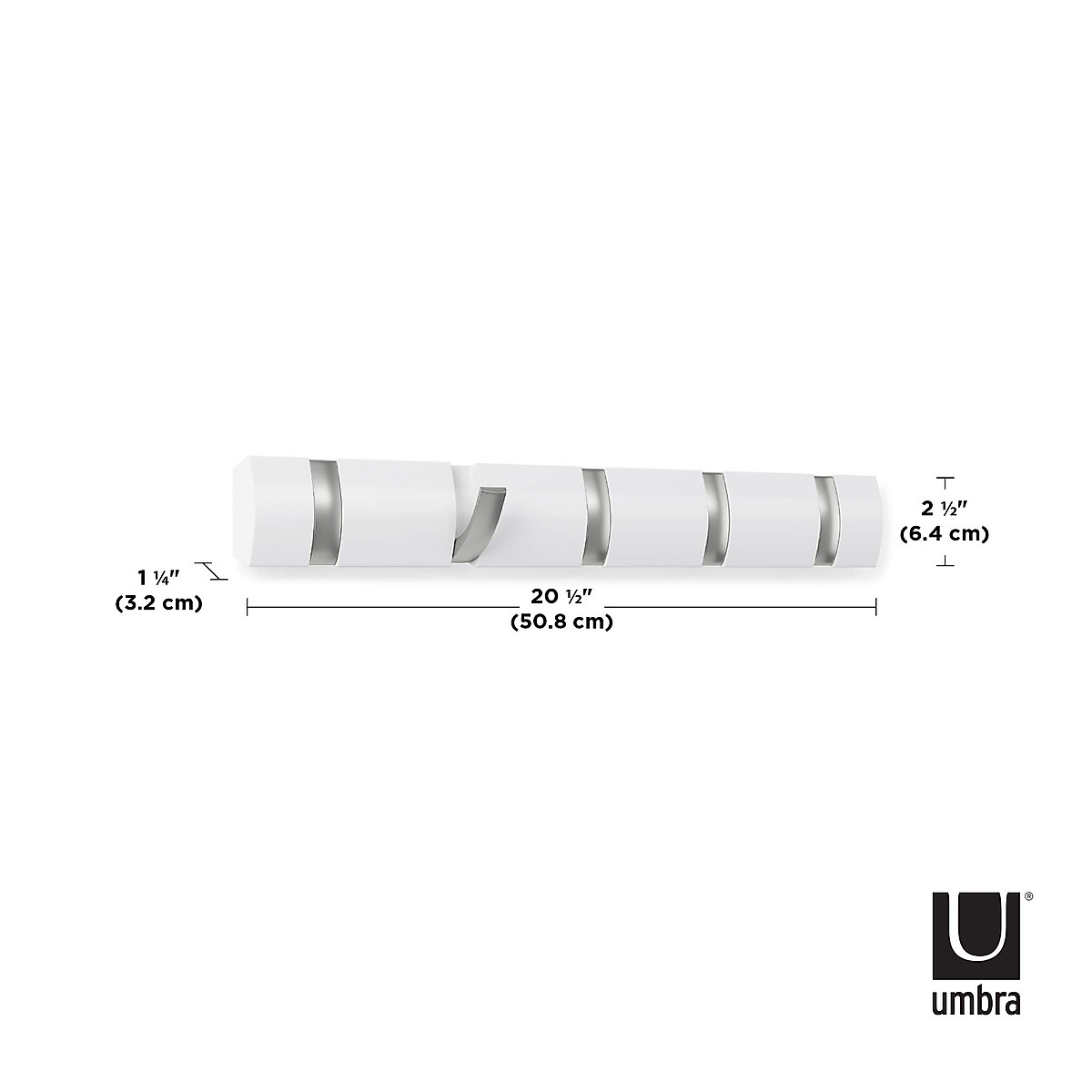 Umbra Flip Wall Mounted Floating Rack – Modern, Sleek, Space-Saving Hanger with Retractable Hooks to Hang Coats, Scarves, Purses and More, 5, White