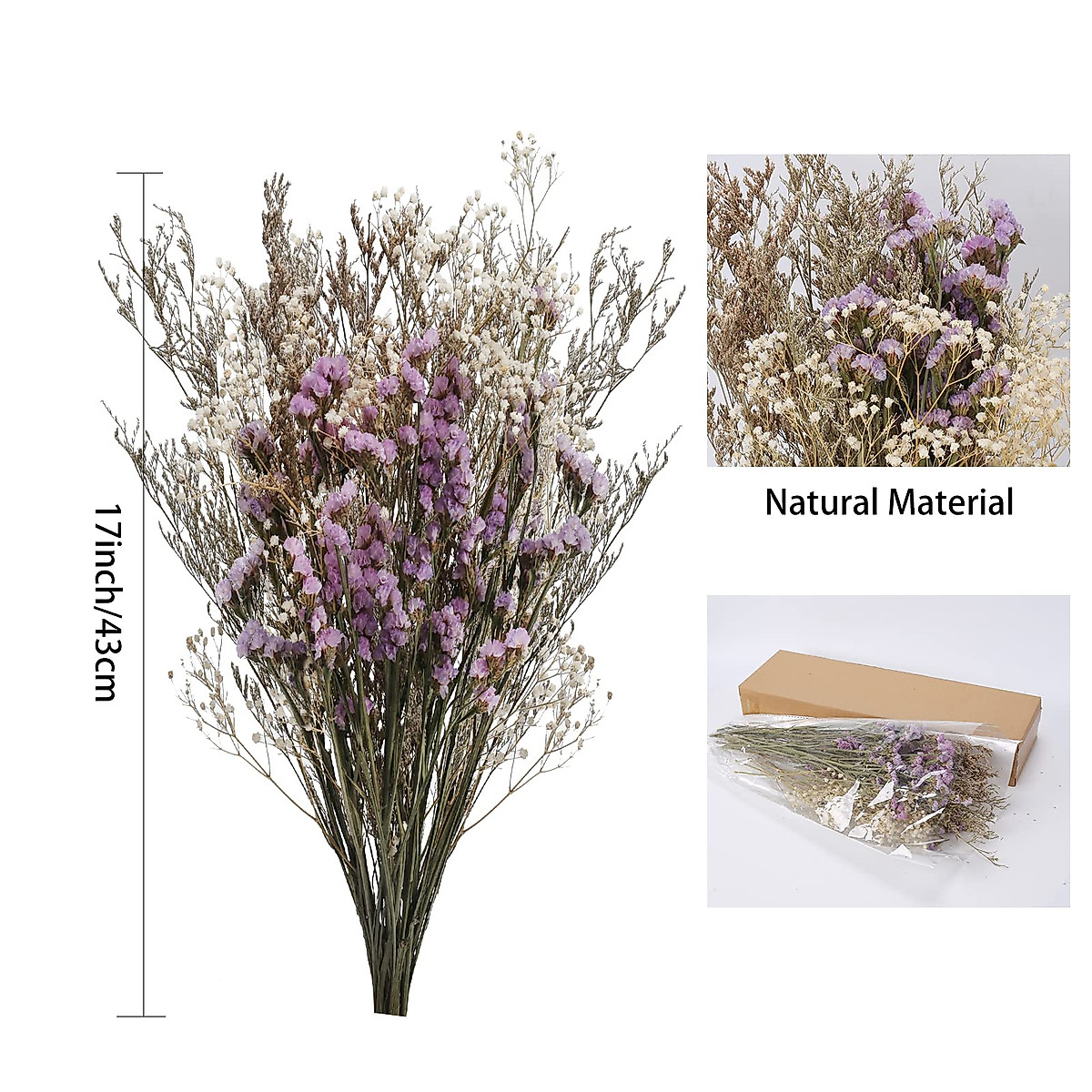 GTIDEA Natrual Dried Flowers Bouquet Dried Babys Breath Flowers with Lavender Dried Floral Arrangements for Farmhouse Wedding Home Table Office Garden Decor (17 Inch)