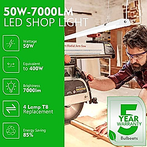 bulbeats Compact LED Shop Light 4FT, 50W Surface/Suspension Mount 4FT Lights Fixture, 7000Lm 5000K T8 Integrated LED Tube Light with 5' Power Cord Ideal for Garage Basement Workshop-4Pack
