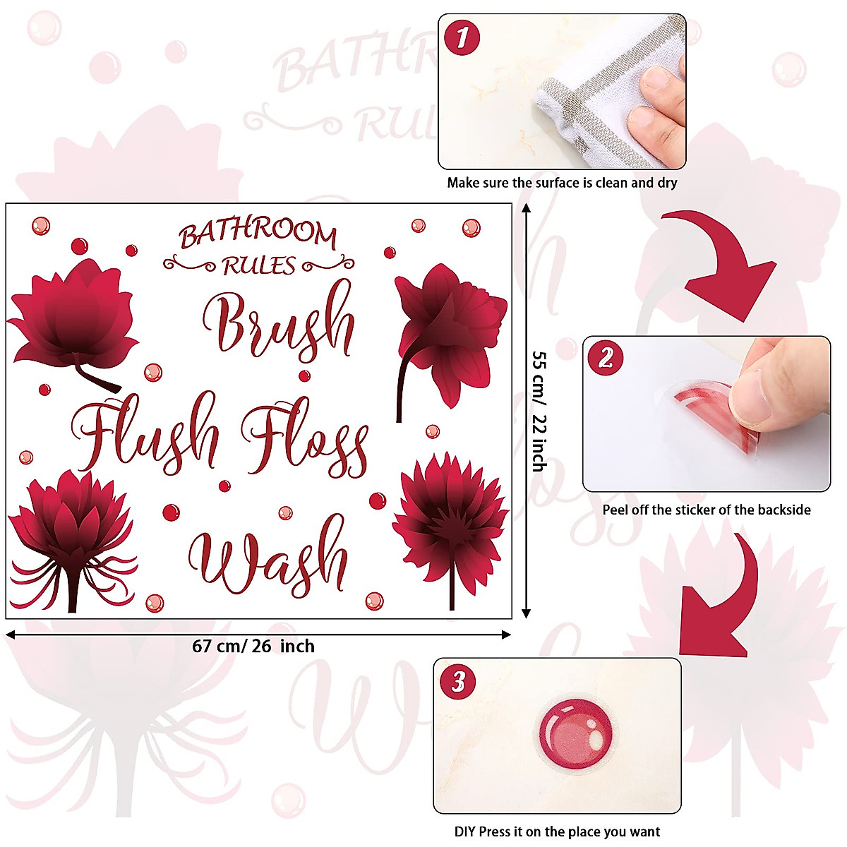 Set of Bathroom Wall Decals Stickers Wash Brush Flush Floss Bathroom Rules Wall Decor Sticker Waterproof Flower Sign Sticker for Bathroom Kitchen Home DIY Decorations