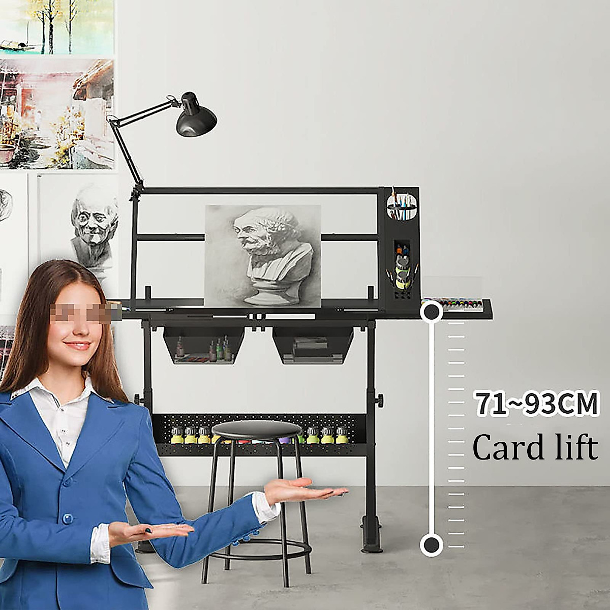 Drawing Table Drafting Table Art/Adjustable Glass Drawing Table with 2 Drawers, Art Desk Art Table with Storage, Student Desk Study Desk for Drawing, Painting, Writing And Studying beautiful scenery