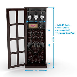 Atlantic Windowpane Wood Wine Cabinet - Store 24 Bottles of Wine, 9 Glasses, Accessory Shelf with Tempered Glass Door in Espresso PN 94835842
