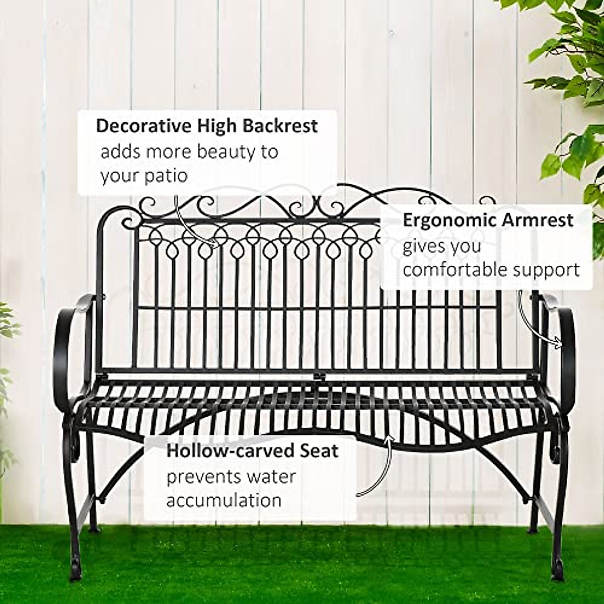 Outsunny Metal Park Bench for Front Porch, Loveseat Like 2 Person, Armrests, Steel Frame, European Antique Style Outdoor Furniture, Black