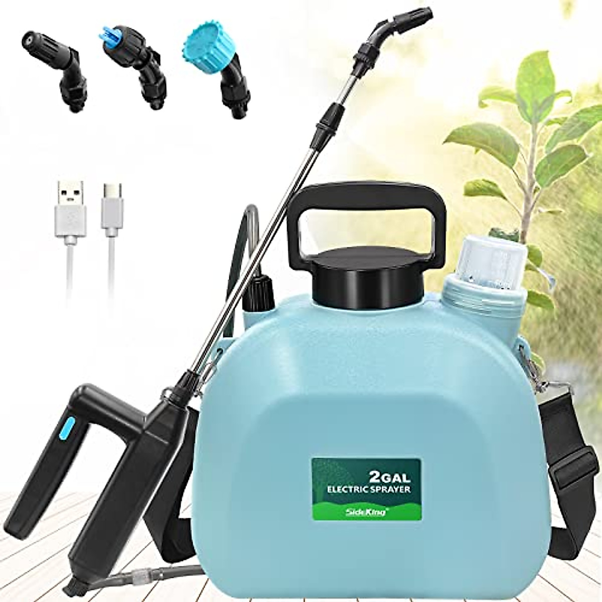 SideKing Battery Powered Garden Sprayer 2 Gallon, Upgrade Powerful Electric Sprayer with 3 Mist Nozzles, Retractable Wand, Rechargeable Handle with Adjustable Shoulder Strap for Lawn & Garden