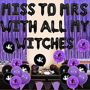 Halloween Bachelorette Party Decorations, Miss to Mrs with All My Witches Balloons Banner, Bride to Be Sash, Witch Hat Diamond Ring Balloons, Fringe Curtain for Women Witch, Bridal Shower Party Decor
