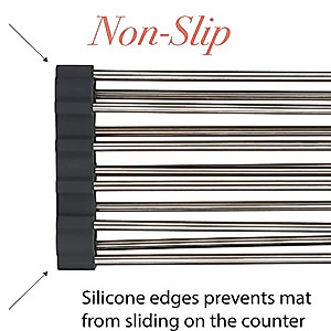Kitchen Details Over The Sink Drying Rack | Roll Up Dish Mat | Easy Storage | Stainless Steel | Non-Slip Silicone | Drain Tray | BPA Free | Food Safe | Space Saving | Grey