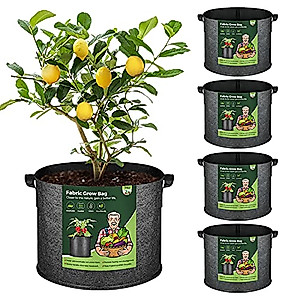T4U Fabric Plant Grow Bags with Handle 10 Gallon Pack of 5, Heavy Duty Nonwoven Smart Garden Pot Thickened Aeration Nursery Container Black for Outdoor Flower and Vegetables