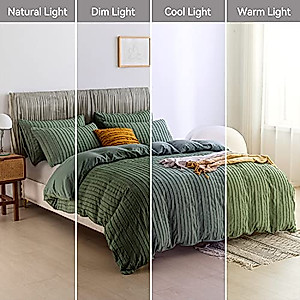 JELLYMONI Green Duvet Cover King Size - 3PCS Microfiber , Boho Striped Tufted Textured Duvet Cover with Corner Ties & Zipper Closure