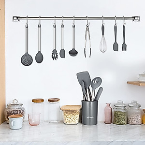 Fashionwu Silicone Cooking Utensil Set, 13 Pcs Nonstick Heat Resistant Silicone Cookware Set with Storage Bucket, Stainless Steel Handle Kitchen Utensil Set, Gray