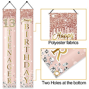 13th Birthday Decorations Door Banner for Girls, Pink Rose Gold 13 Teenager Happy Birthday Sign Party Supplies, Sweet Thirteen Year Old Birthday Backdrop Porch Décor