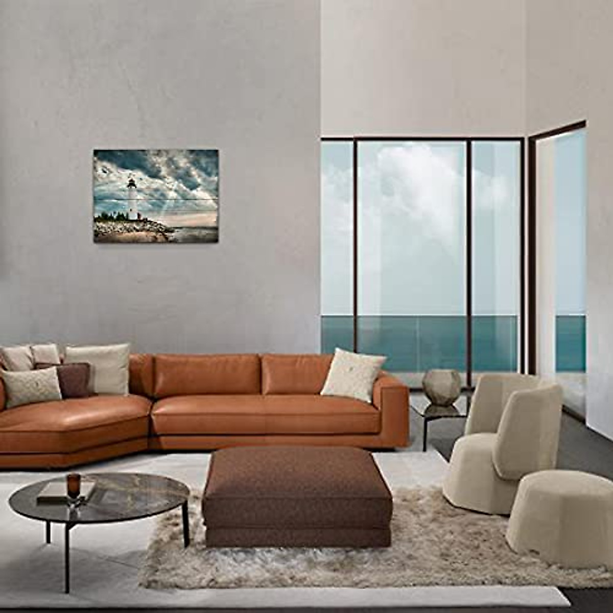 Lighthouse Wall Art Coastal Teal Picture Ocean Seascape Canvas Prints Landscape Beach Turquoise Blue Nature Paintings Bathroom Living Room Bedroom Skyline Nautical Scenery Artwork 12x16 Inches