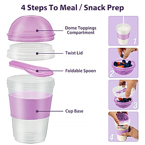 Freshmage® Yogurt Parfait Cups with Lids, 2 Pack 20 oz Reusable Overnight Oats Containers with Lids, Topping Compartment & Spoon to Go for Breakfast Meal Prep, Portable & Lightweight (Purple&Pink)