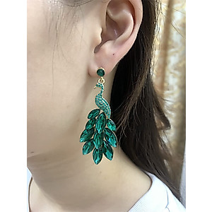Vintage Peacock Dangle Earrings for Women Girls 14K Gold Plated Green Crystal Feather Peafowl Statement Drop Dangling Stud Earring Boho Exaggerated Birthday Holiday Jewelry Gifts (Green)