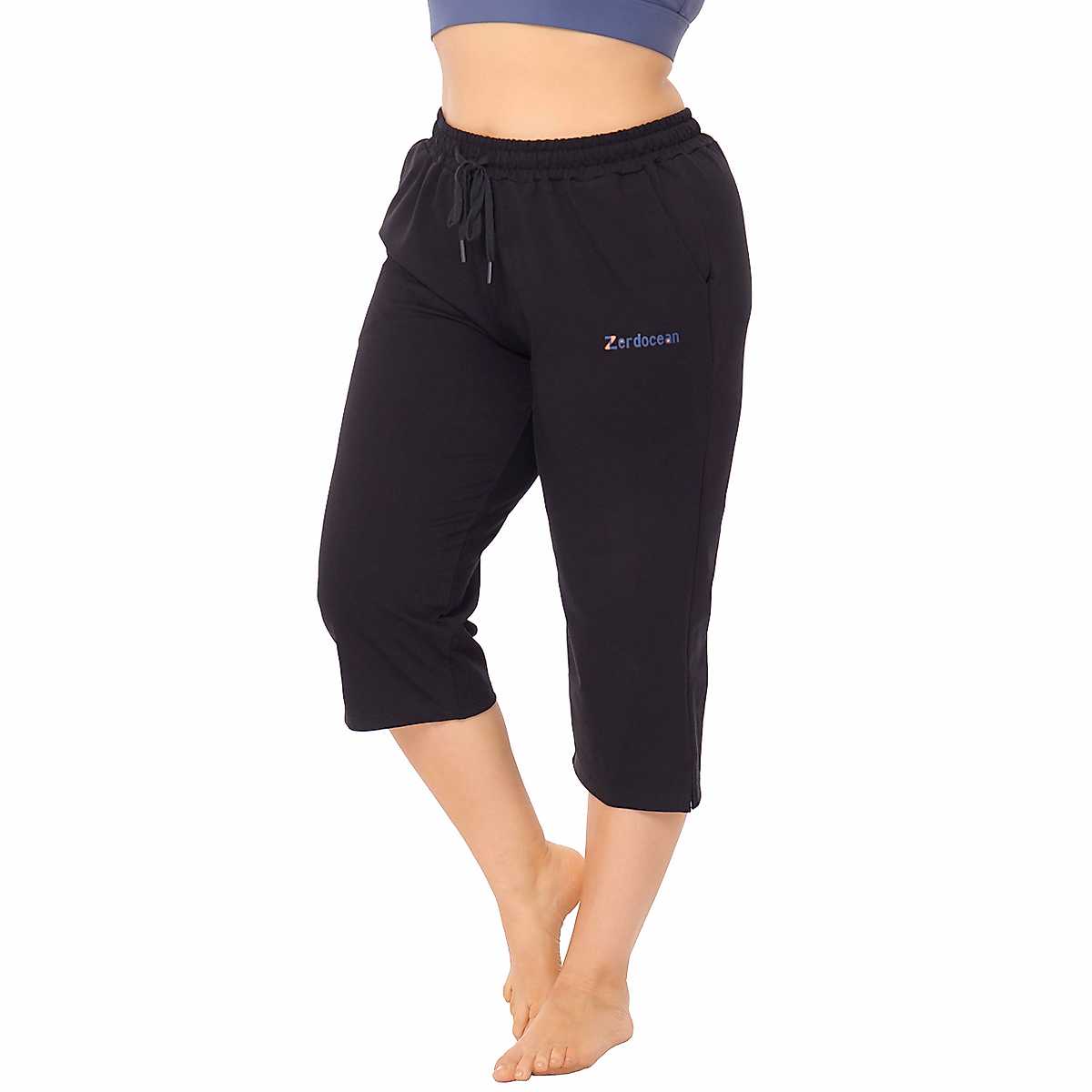 ZERDOCEAN Women's Plus Size Active Yoga Lounge Indoor Jersey Capri Walking Crop Pants with Pockets Drawstring Black 4X