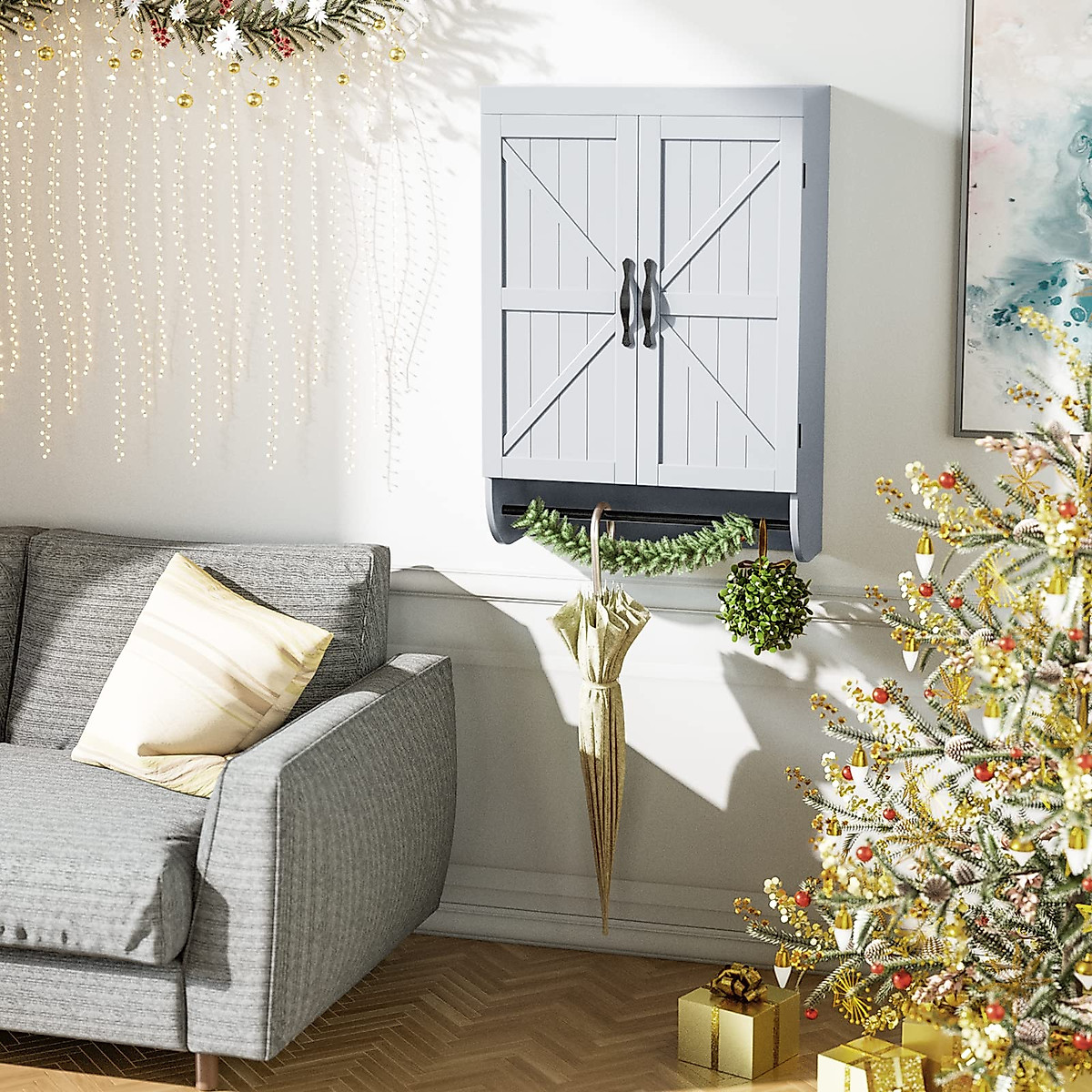 SRIWATANA Bathroom Storage Wall Cabinet Over The Toilet with Adjustable Shelf, Space Saver 2-Door Medicine Cabinet with Metal Bar, Gray