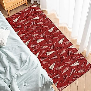 Libaoge Christmas Kitchen Rugs and Mats Set of 2 Xmas Tree Red Background Kitchen Sink Mat,Non-Slip Area Runner Rug,Washable Floor Mat for Home Dining Room Office 24"x35"+24"x71"