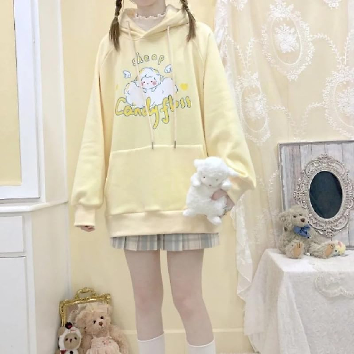 Ordabi Kawaii Hoodie Sheep Graphic Sweatshirt Oversized Aesthetic Pullover Japanese Preppy Alt Clothes Harajuku Streetwear (Apricot,L)