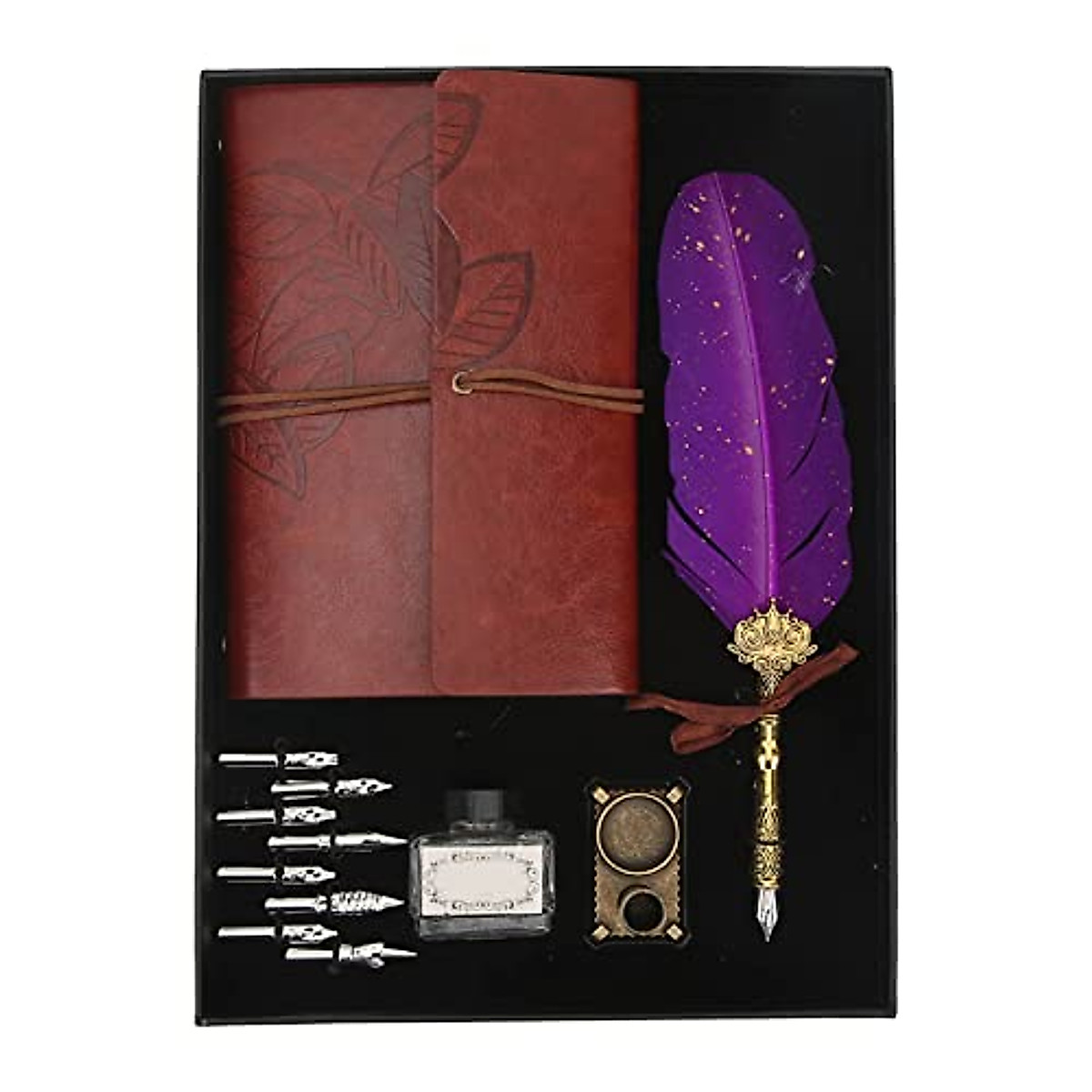 Retro Carving Feather Pen Set, Calligraphy Fountain Pens with Book 8 Replacement Nibs and Pen Stand Holder Quill Pen Vintage Signature Pen Gift Set