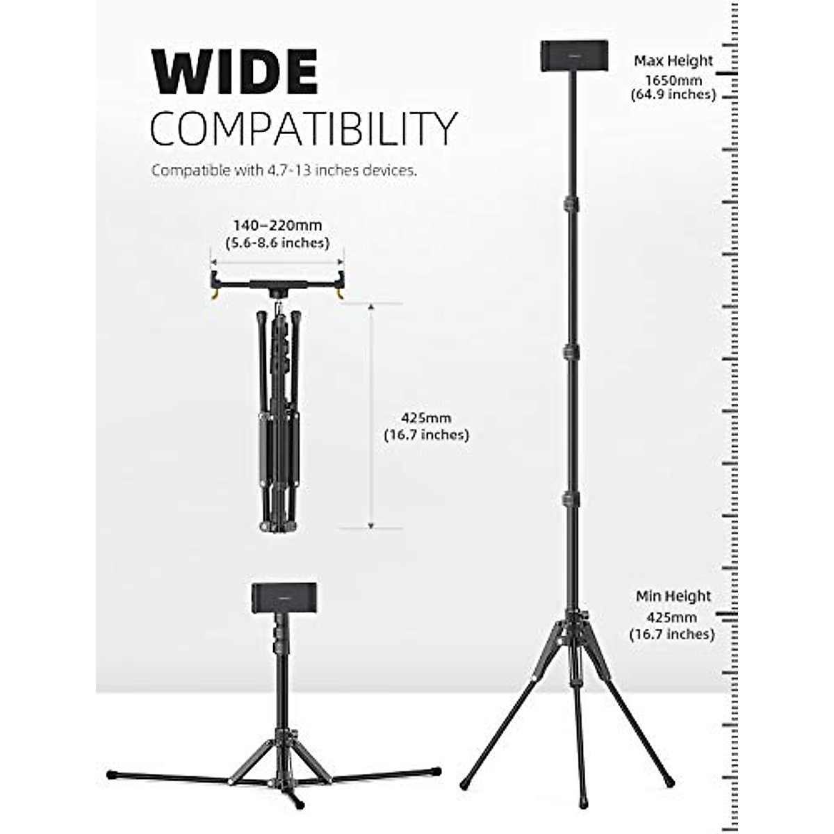 Lamicall Tablet Floor Tripod Stand - 64.9" Tablet Holder Mount with Adjustable Height for Stream/Watching with Bluetooth Remote, for iPad Pro 12.9, Mini, Air, iPhone and 4.7-13" Tablet and Cellphone