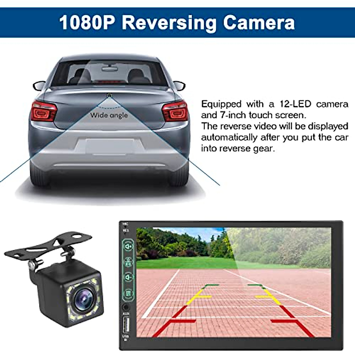 Double Din Car Stereo Compatible with Carplay and Android Auto ，7 Inch 1080P HD Touch Screen Radio，Mirror Link, Backup Camera, Steering Wheel, Bluetooth, FM,USB/AUX Port. (Wired Carplay)