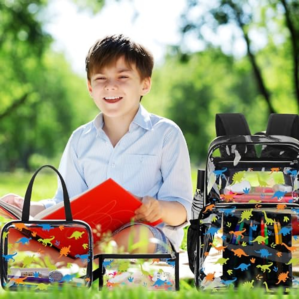 Kacctyen 3 Pcs Pink Clear Backpack for Girl Boy Kid Heavy Duty School Clear Bookbag Transparent Backpack with Lunch Bag(Black,Dinosaur)