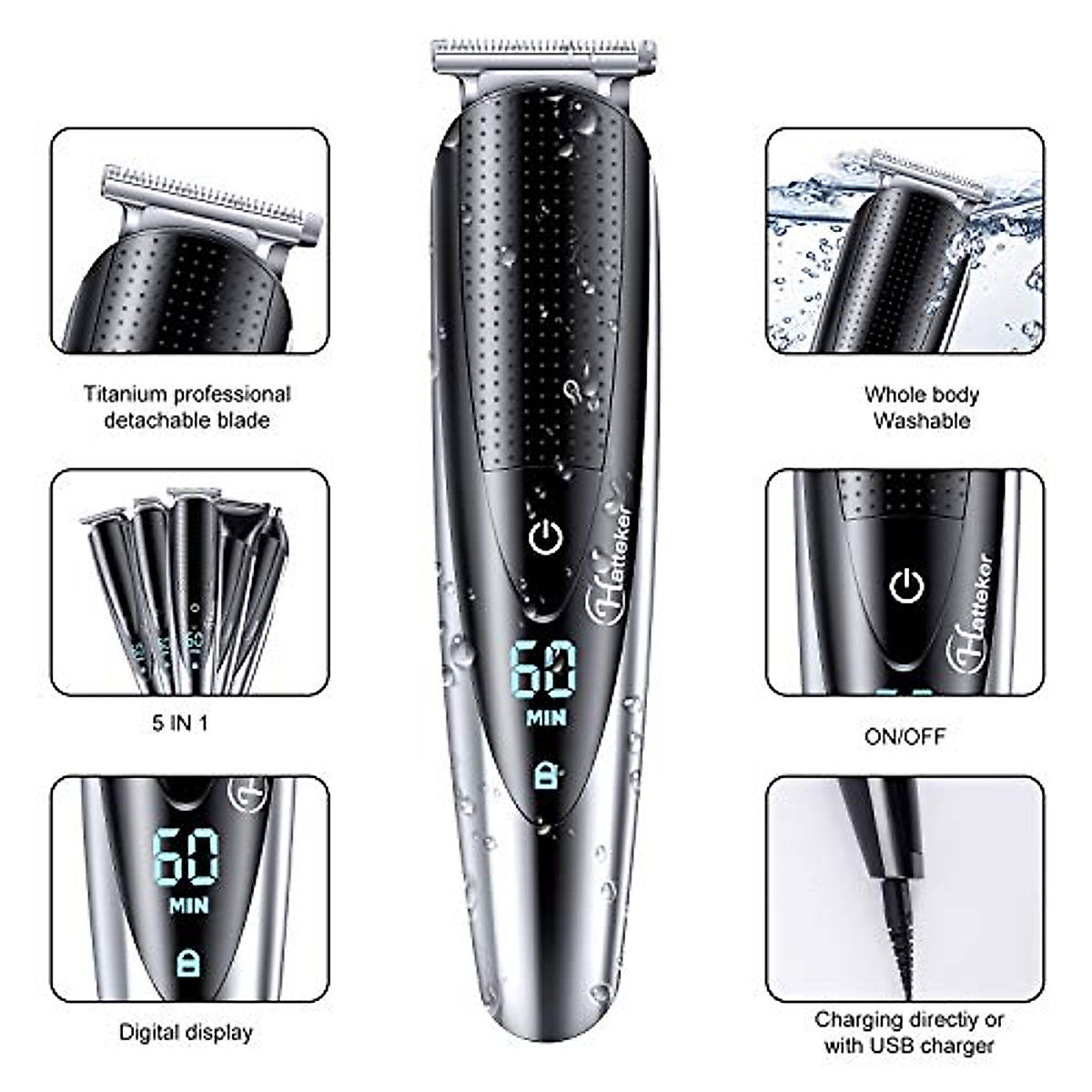 Hatteker Beard Trimmer Hair Clippers Mustache Trimmer Shavers for Men Hair Trimmer Nose Trimmer Body Trimmer 5-in-1 Cordless Haircut Kit for Men Waterproof
