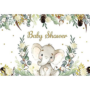Renaiss 5x3ft Elephant Baby Shower Backdrop Green Watercolor Eucalyptus Leaves Floral Gold Glitter Dots Photography Background for Girl Boy Newborn Gender Reveal Party Banner Decor Photo Props