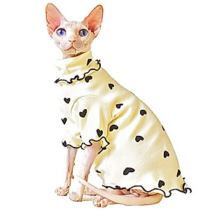 Bonaweite Sphynx Hairless Cats Clothes, Cotton Cute Heart Pattern Sweater T-Shirts with High Collar, Soft Breathable Puff Sleeves Kitten Cat Wear Shirt Apparel for Cornish Rex, Devon Rex, Peterbald