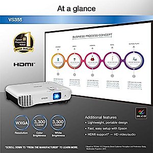 Epson VS355 WXGA 3,300 lumens color brightness (color light output) 3,300 lumens white brightness (white light output) HDMI 3LCD projector