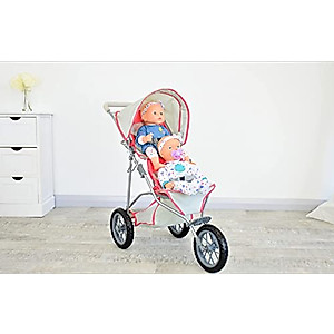 KOOKAMUNGA KIDS Baby Doll Stroller Deluxe Double | Foldable Twin Jog Pram | Retractable Canopy | Premium Pink & Gray Fabric | Soft Grip Handle | Storage Basket Underneath