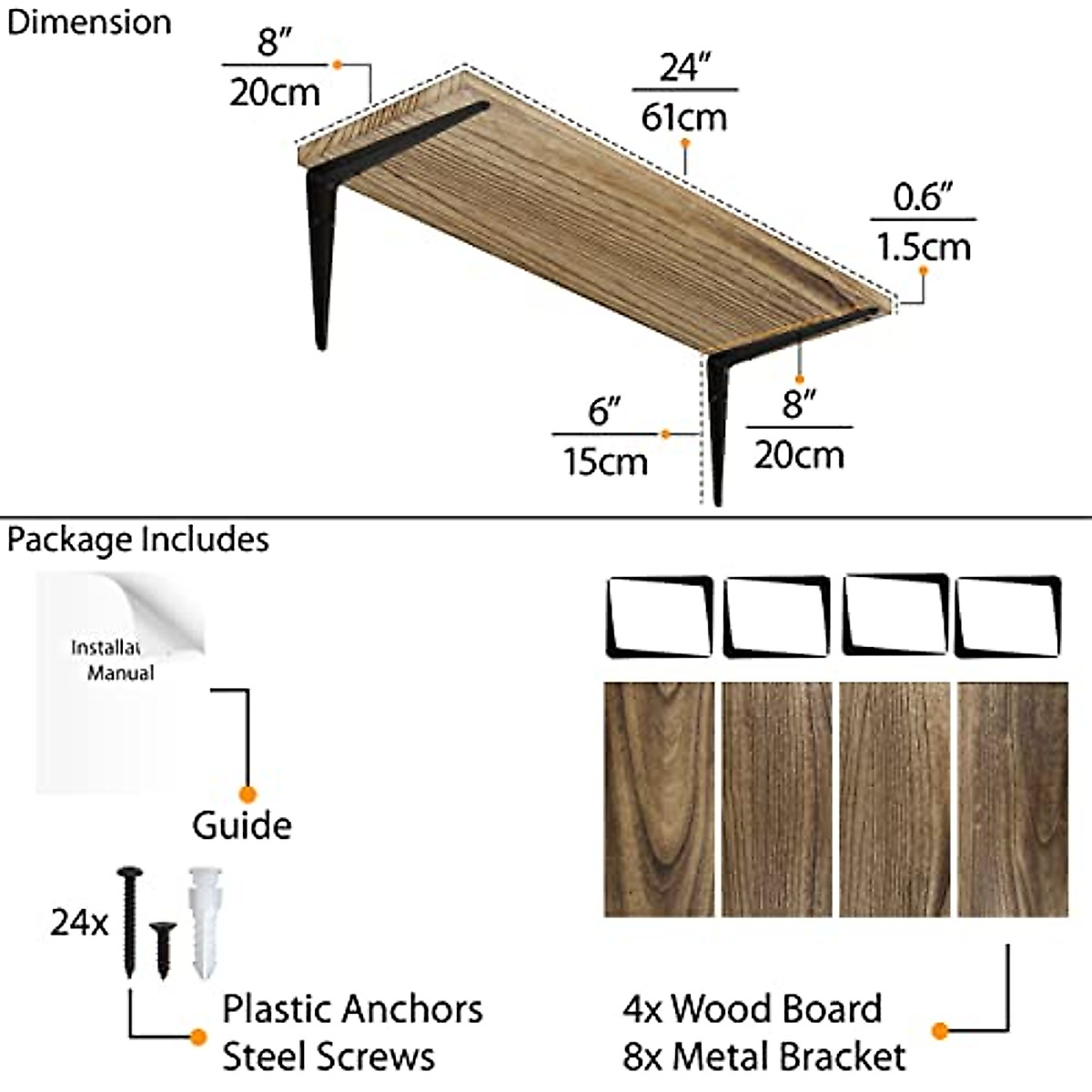 Wallniture Arras 24"x8" Floating Shelves for Wall Storage, Wall Bookshelf for Living Room Decor, Kitchen Organization and Storage Shelves, Bedroom Bookshelves, Burnt Finish Set of 4