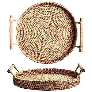 YANGQIHOME Rattan Round Bread Serving Basket Handcrafted Bread Serving Tray Platter with Wooden Handle (11 inch / 28cm)