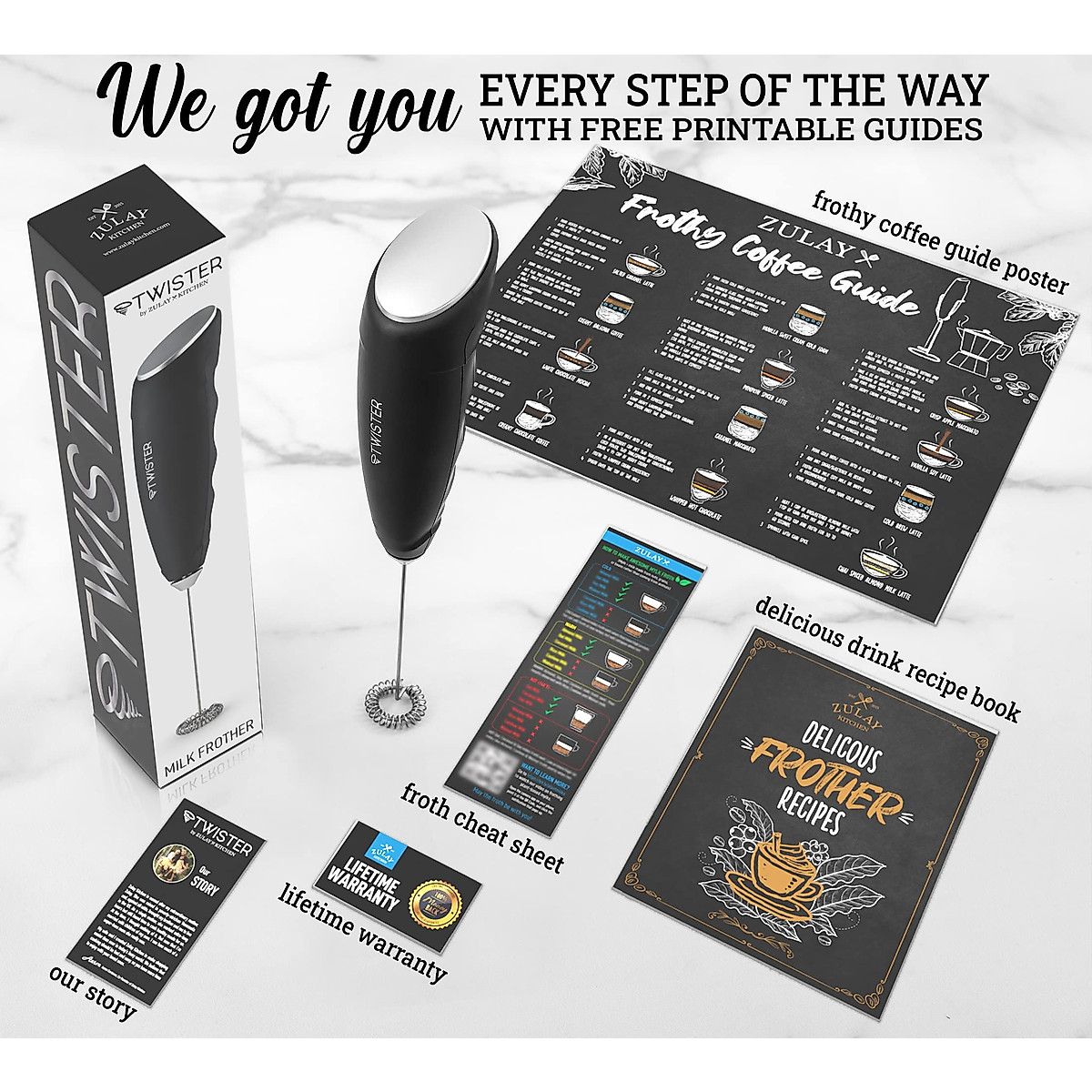 Zulay Kitchen Powerful Milk Frother Handheld - Easy-to-Grip Hand Mixer Electric - Twister-Design Mini Mixer for Powder Drinks - Coffee Frother Handheld & Mixer Electric Handheld - (Black/Silver)