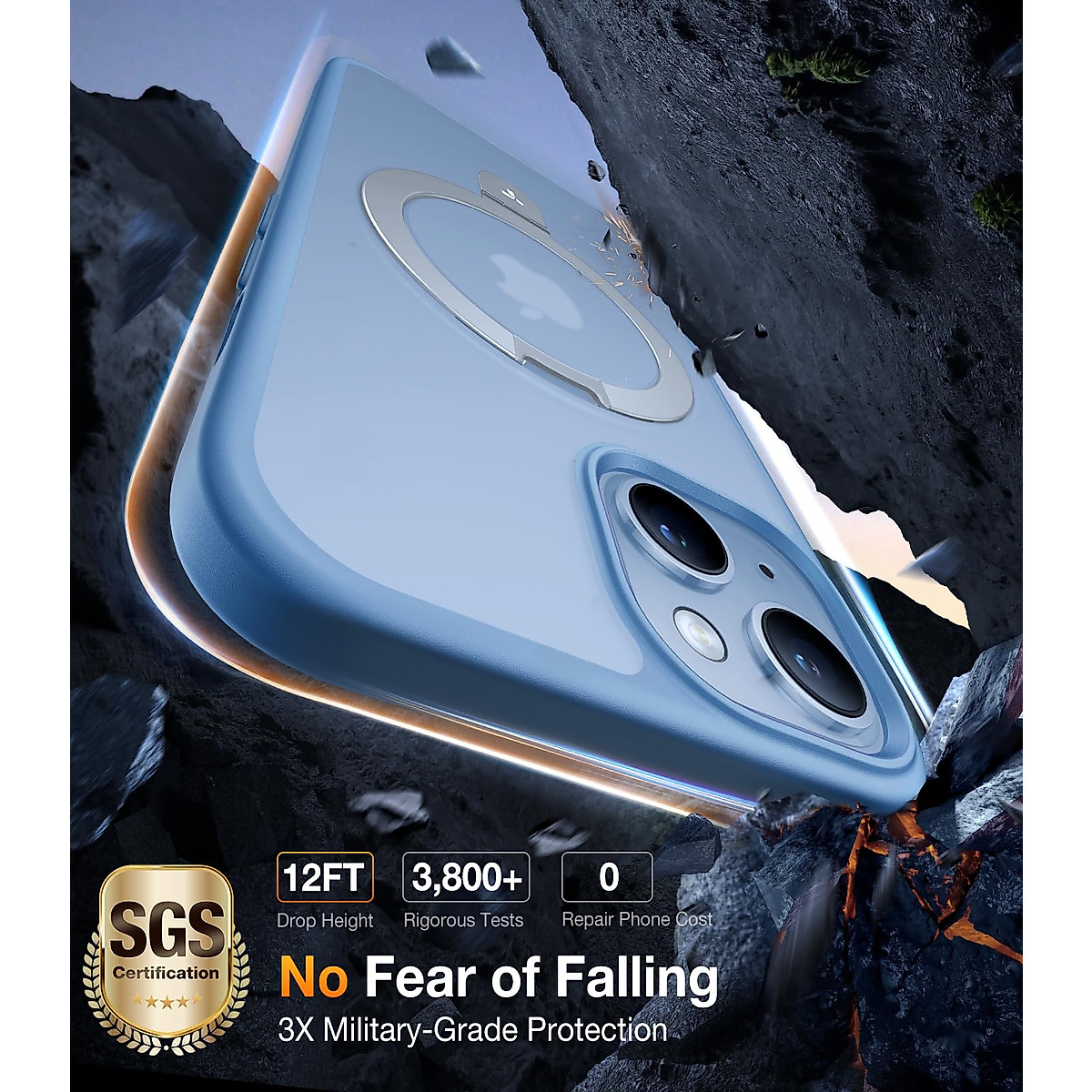 TORRAS Magnetic Shockproof for iPhone 13 Case/iPhone 14 Case, [Exceed 3X Mil-Grade Drop Protection][Compatible with MagSafe] Built-in Foldable Stand Slim Yet Protective Phone Cover, Translucent Blue