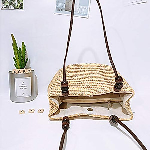 QTKJ Women Retro Bucket Straw Bag Handwoven Rattan Beach Tote Shoulder Bag with Brown Bead (Beige)