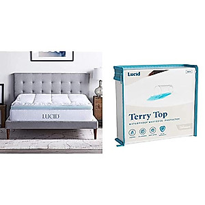 LUCID 4 Inch Down Alternative and Gel Memory Foam Mattress Topper - Three Toppers in One - Queen & Premium Hypoallergenic 100% Waterproof Mattress Protector - Universal Fit, Cotton Terry Top, Queen