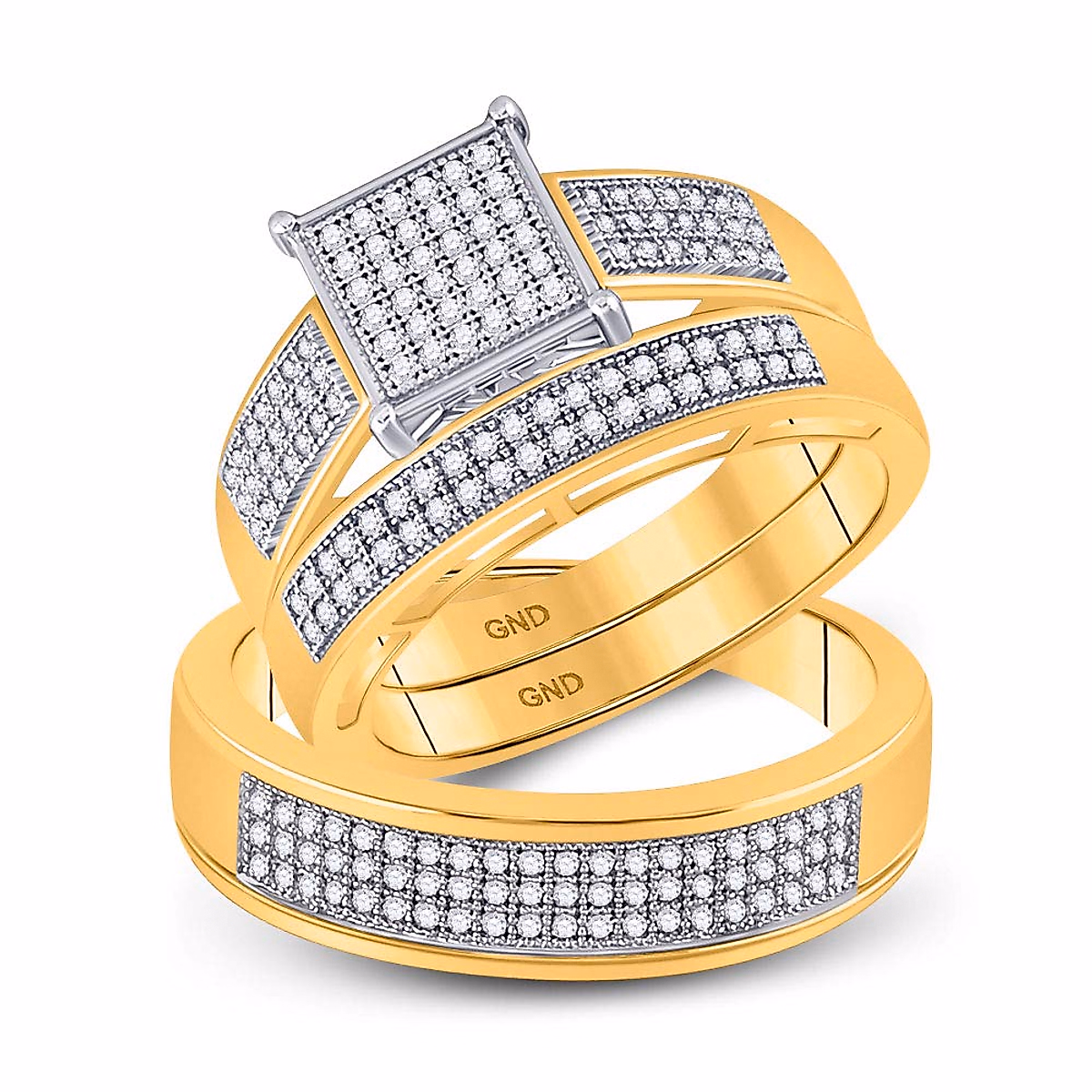 Sizes - L = 4.5, M = 9.5 - 10k Yellow Gold Mens and Ladies Couple His & Hers Trio 3 Three Ring Bridal Matching Engagement Wedding Ring Band Set - Round Diamonds - Micro Pave Princess Shape Center Setting (3/5 cttw) - Please use drop down menu to select yo