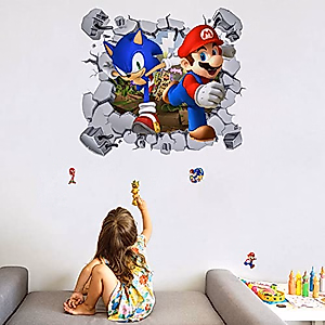 2022 Mario Play Game with Sonic 3D Break The Wall Stickers for Living Room Kids Room Wall Decor Boys Girl Gift Bedroom Poster Mural Wallpaper Removable PVC Wall Stickers (23" x 25")