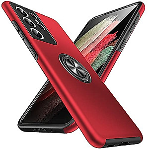 Anqrp Shockproof for Galaxy S21 Ultra Case 5G, [Heat Dissipation] [No Fall-Off Kickstand] 360°Metal Ring Military Grade Protection Phone Case with Samsung Galaxy S21 Ultra 6.8 Inch, Red