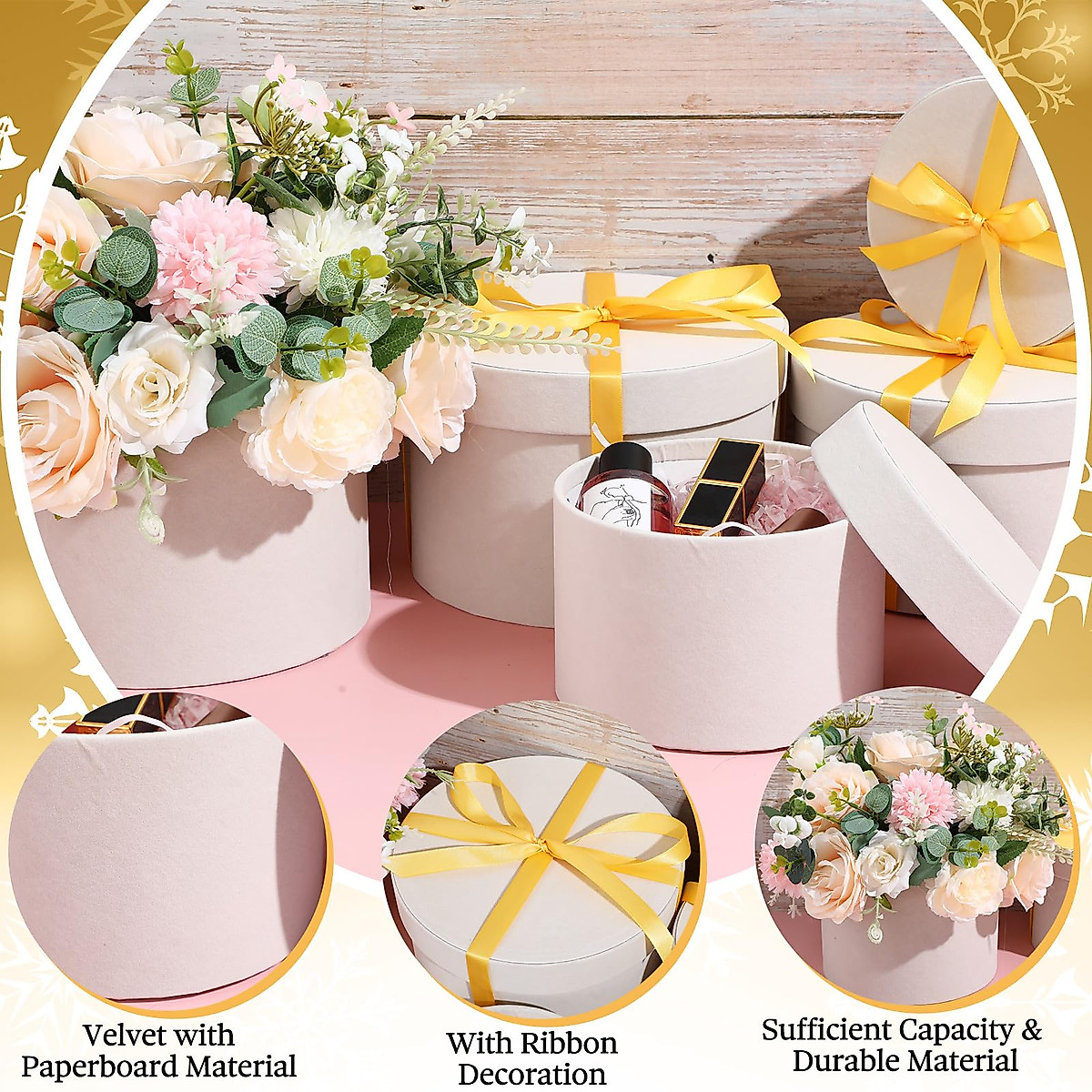 Tenceur 8 Pcs Round Gift Boxes with Lids for Presents Velvet Nesting Gifts Box Arrangements Flowers Boxes 4 Assorted Sizes with 1 Roll Ribbon for Valentine‘s Day Wedding Birthday Party(White)