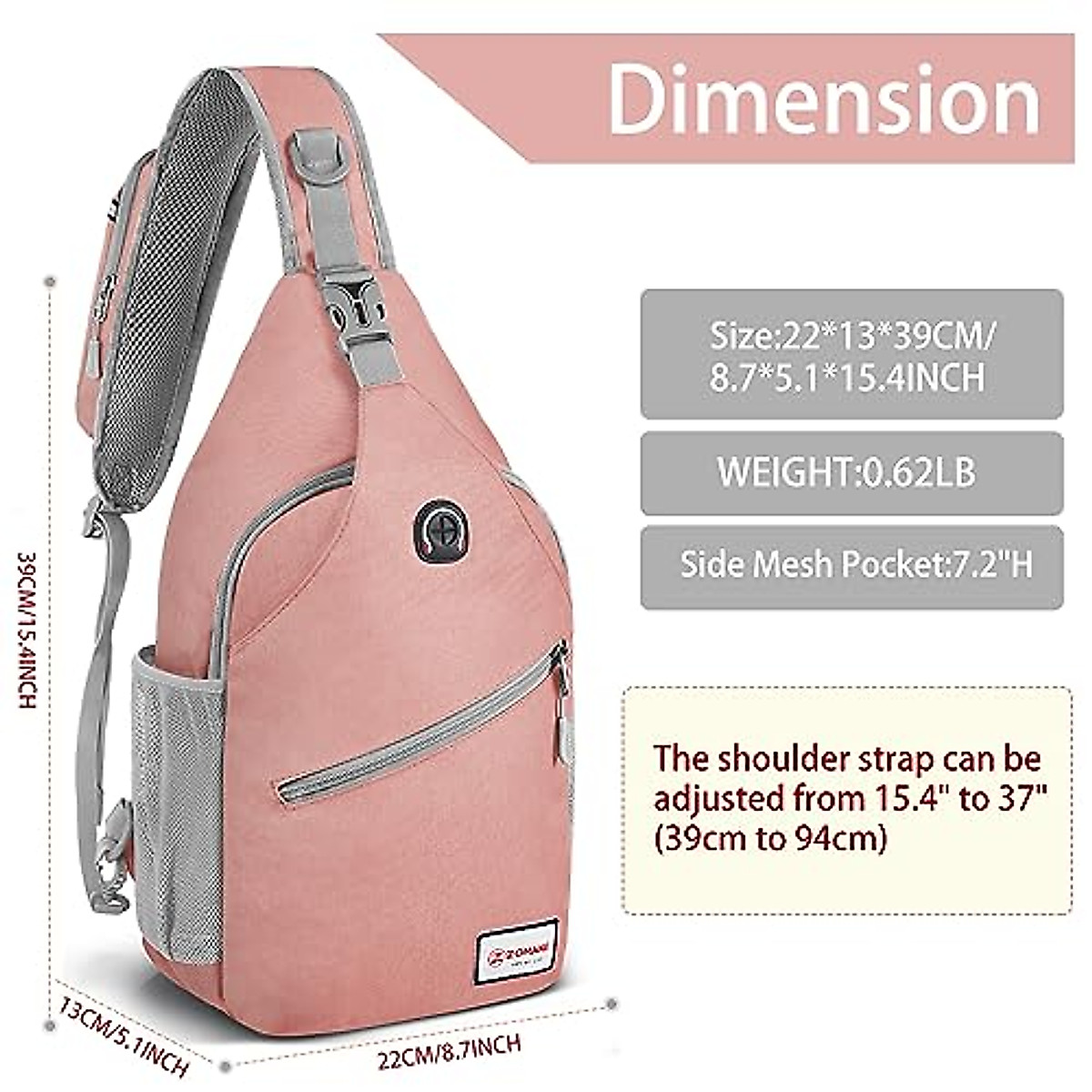 ZOMAKE Sling Bag for Women Men:Small Crossbody Sling Backpack - Mini Water Resistant Shoulder Bag Anti Thief Chest Bag Daypack for Travel Hiking Outdoor Sports,Pink(new)