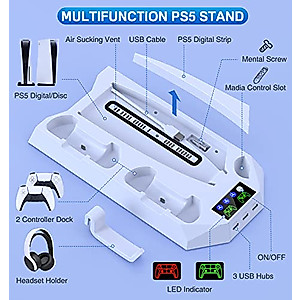PS5 Stand with Cooling Station PS5 Controller Charging Station for Playstation 5 PS5 Console Disc/Digital Edition, PS5 Accessories-Cooler Fan/Remote Charger/Media&Headset Holder/3-USB Hub/Screw White