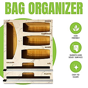 Premium Bamboo Ziplock Storage organizer, Wall Mounting Ziplock Bag Organizer, Foil and plastic wrap organizer, 6 in 1 Drawer Organizer, Marble Kitchen Organizer