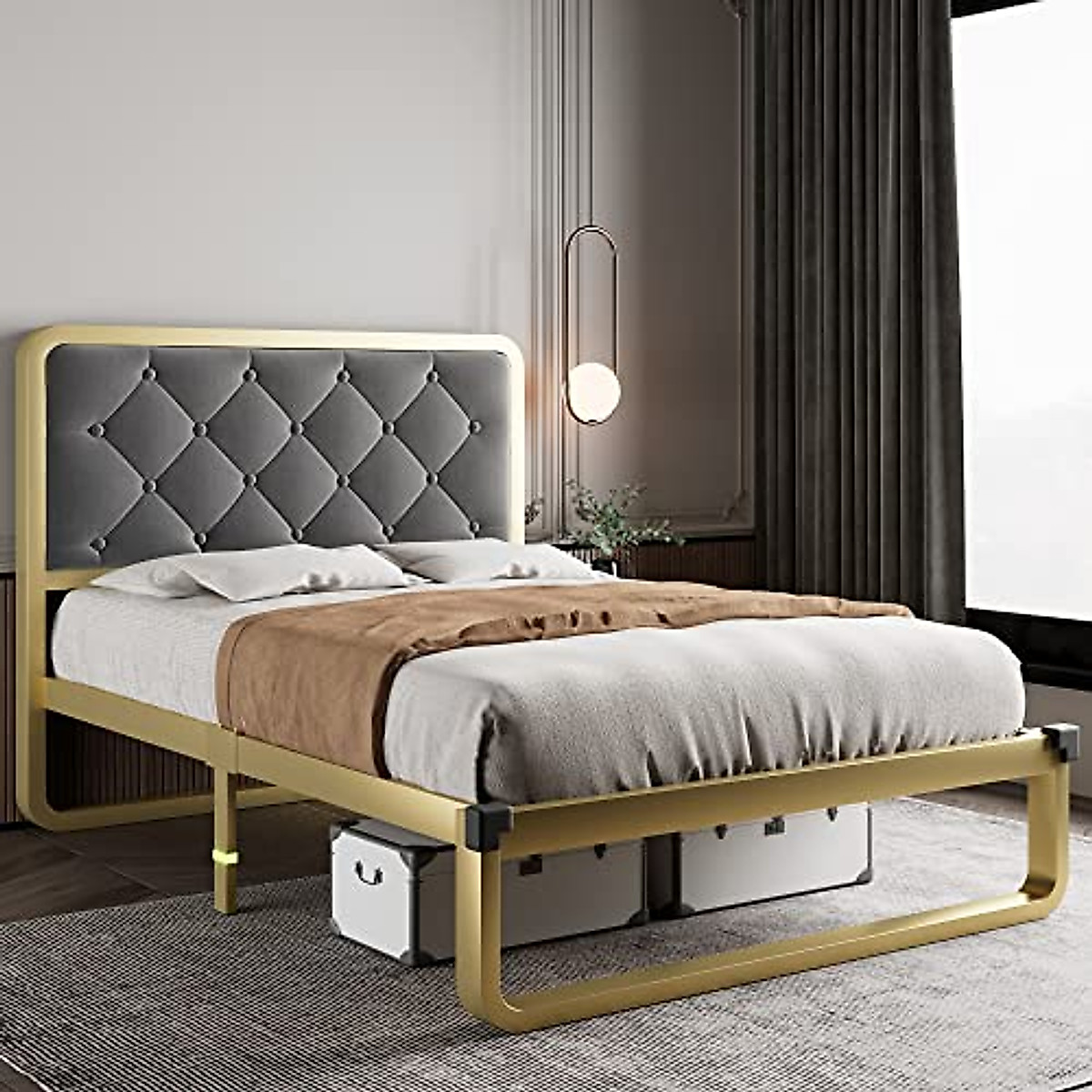 Feonase Twin Metal Bed Frame, Heavy Duty Platform Bed Frame with Steel Slats, Velvet Upholstered Headboard, 12" Storage Space, No Box Spring Required, Noise Free, Easy Assembly, Golden and Gray